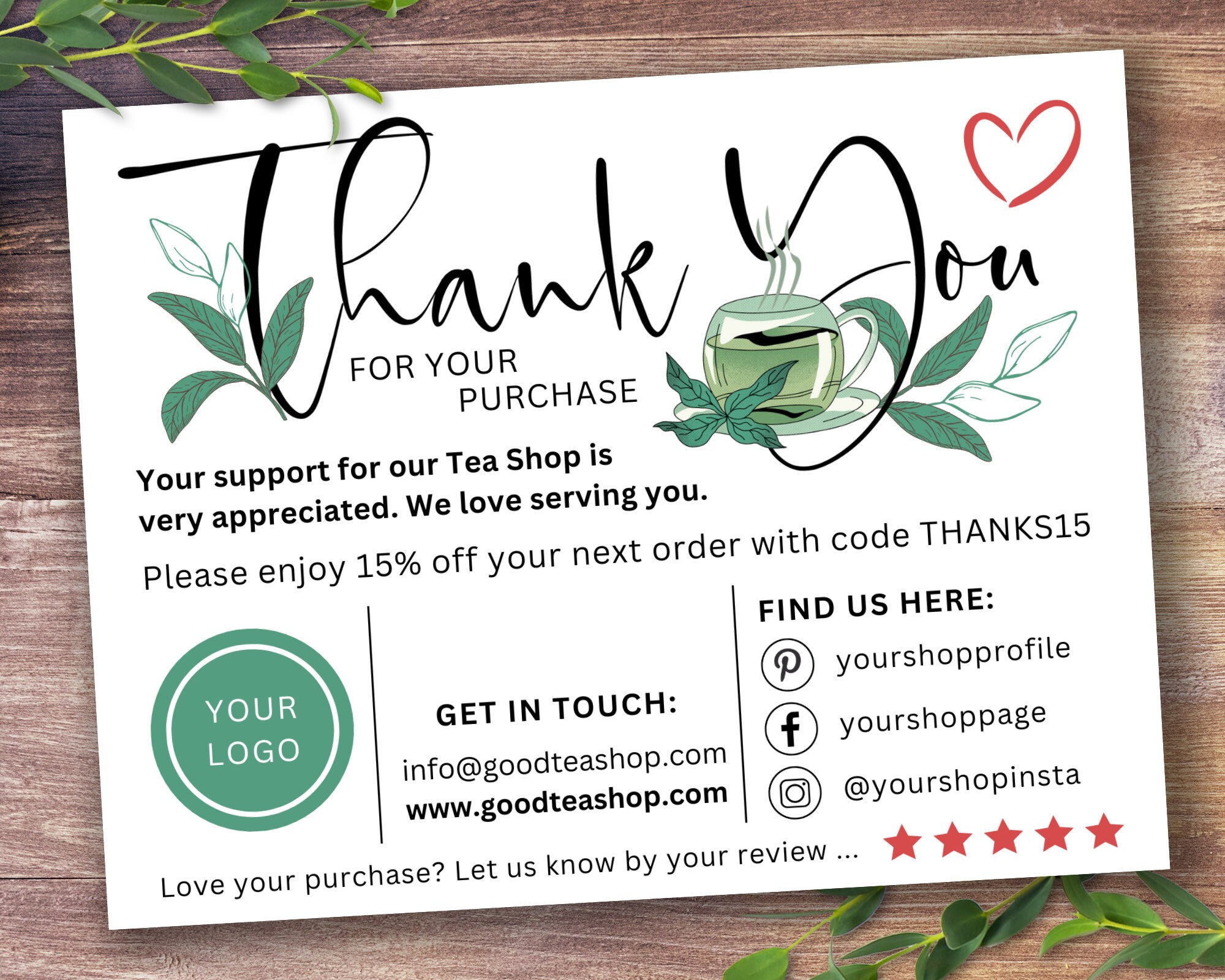 Tea Shop – Thank You Card, Printable Business Card Template, Thank You for Purchase , Editable ...