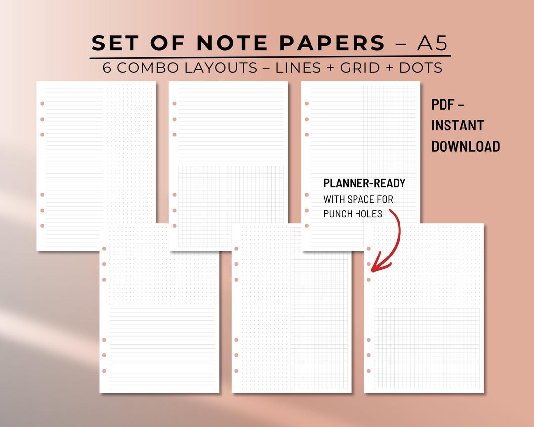A5 Split Layout Planner Inserts | Lines, Grid, Dots Combo Pages ...
