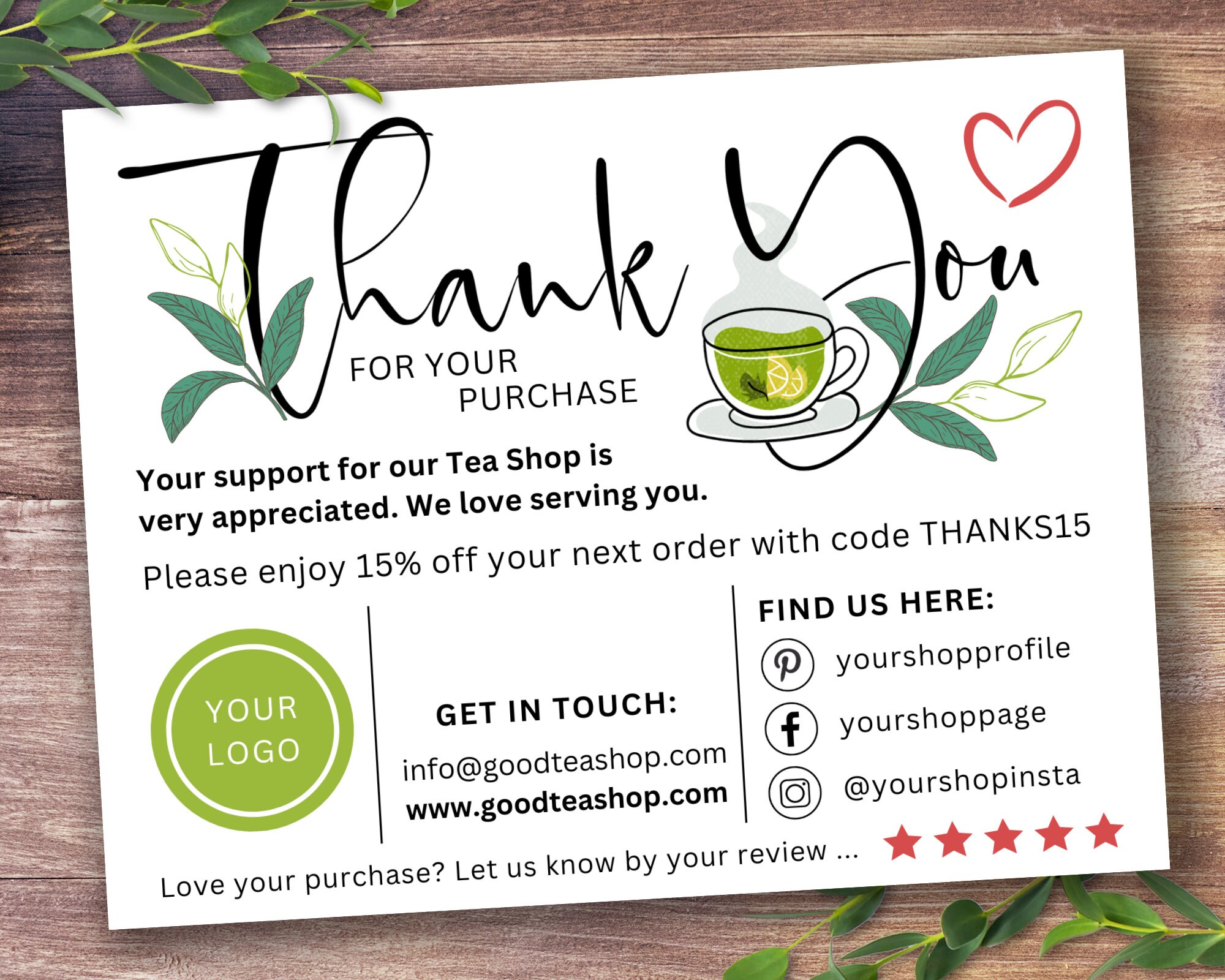Tea Shop Thank You Card, Printable Business Card Template, Thank You ...