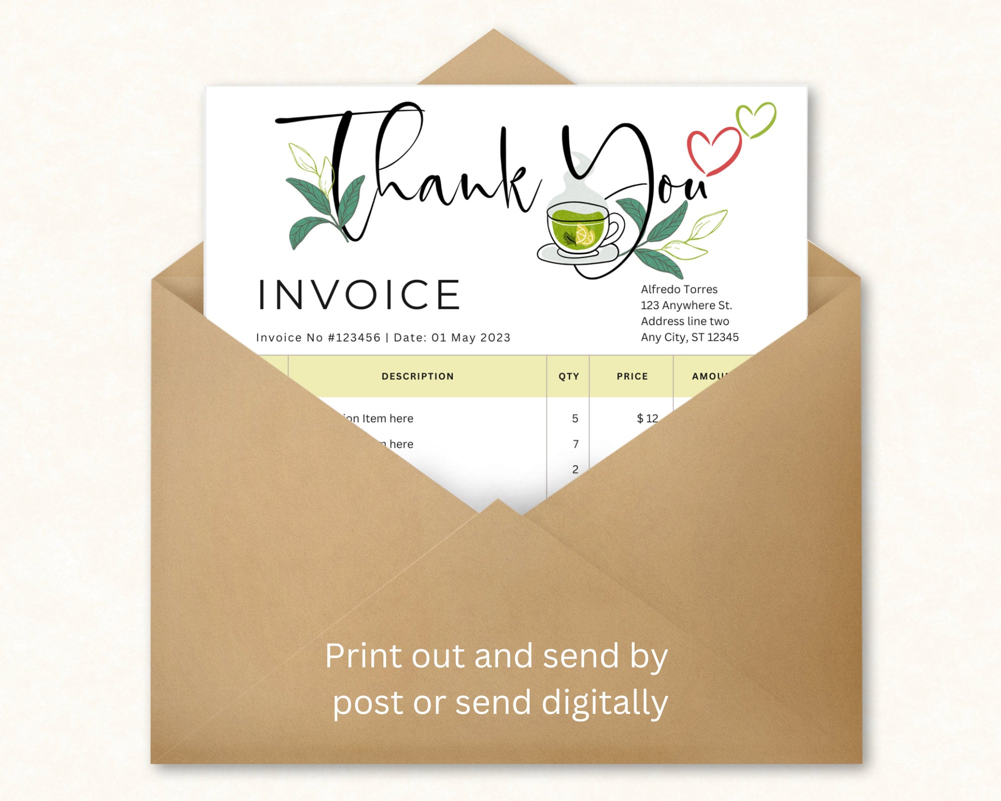 Tea Shop Invoice – Editable Template, Tea Herbs Leaves Shop Invoice ...