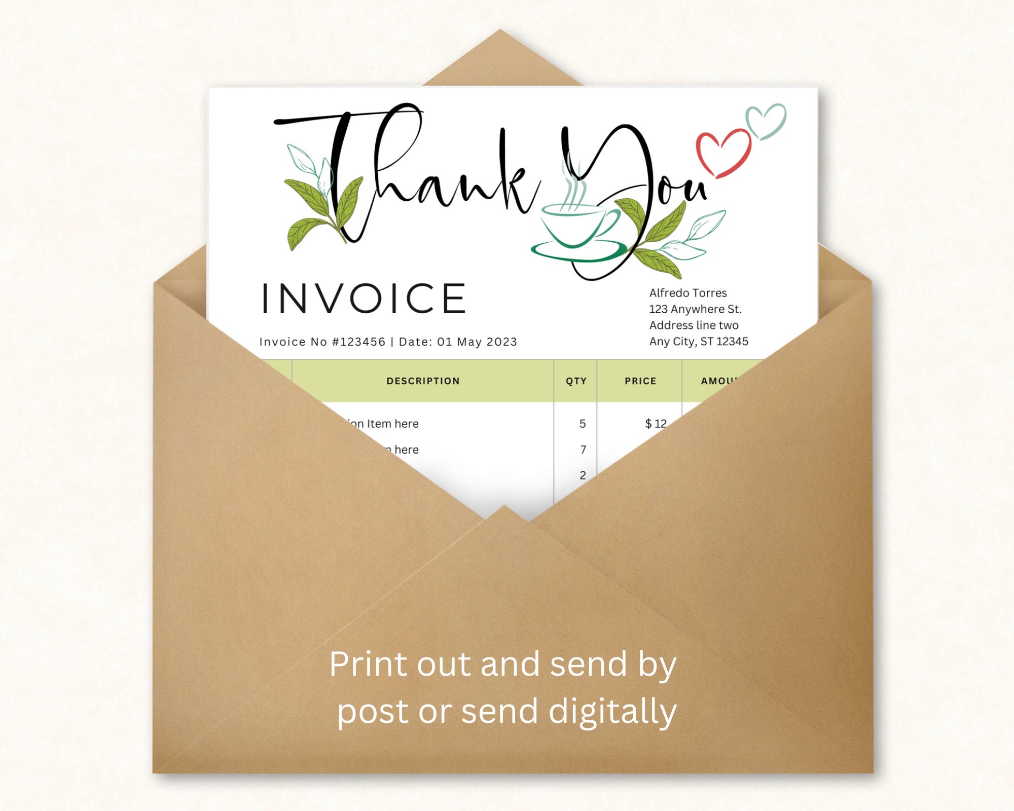 Tea Shop Invoice – Editable Template, Tea Herbs Leaves Shop Invoice ...