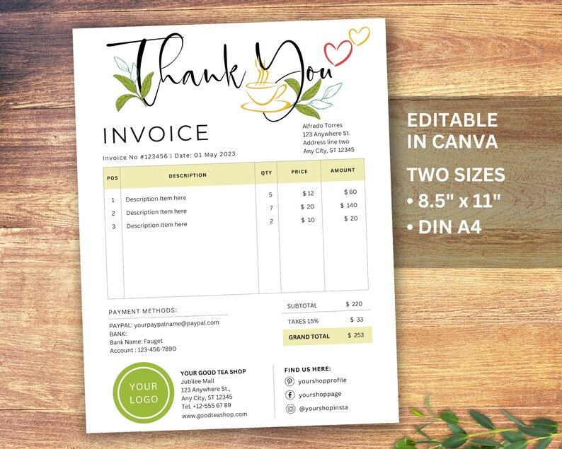 Tea Shop Invoice – Editable Template, Tea Herbs Leaves Shop Invoice ...