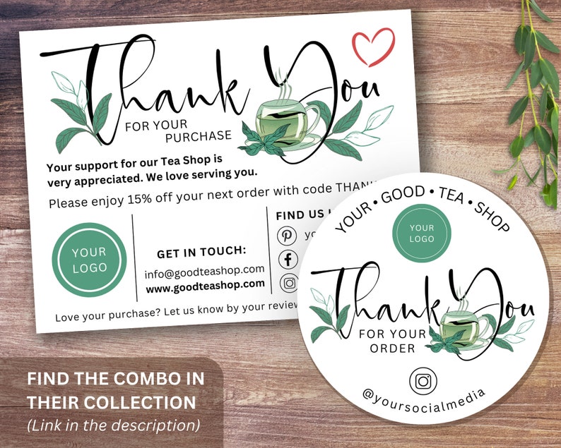 Tea Shop Thank You Card, Printable Business Card Template, Thank You ...