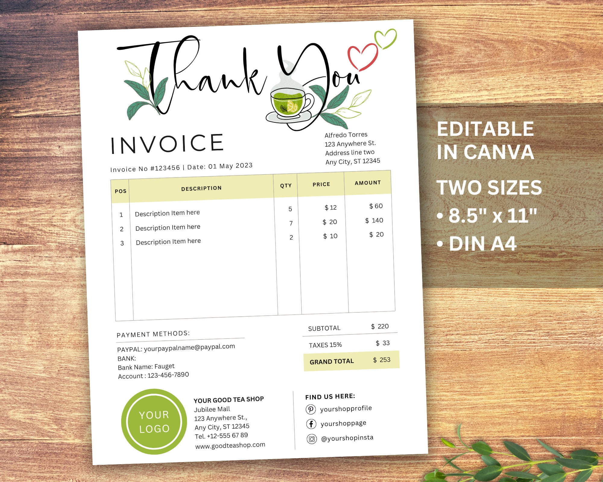 Tea Shop Invoice – Editable Template, Tea Herbs Leaves Shop Invoice ...