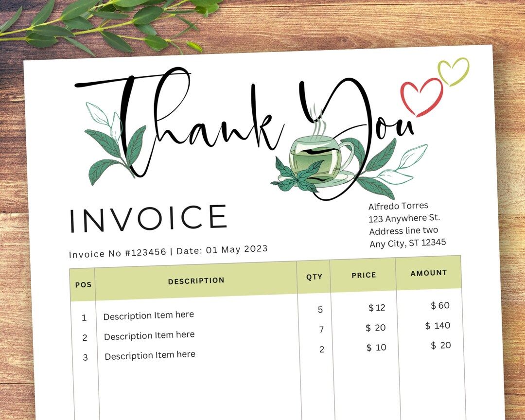 Tea Shop Invoice – Editable Template, Tea Herbs Leaves Shop Invoice ...