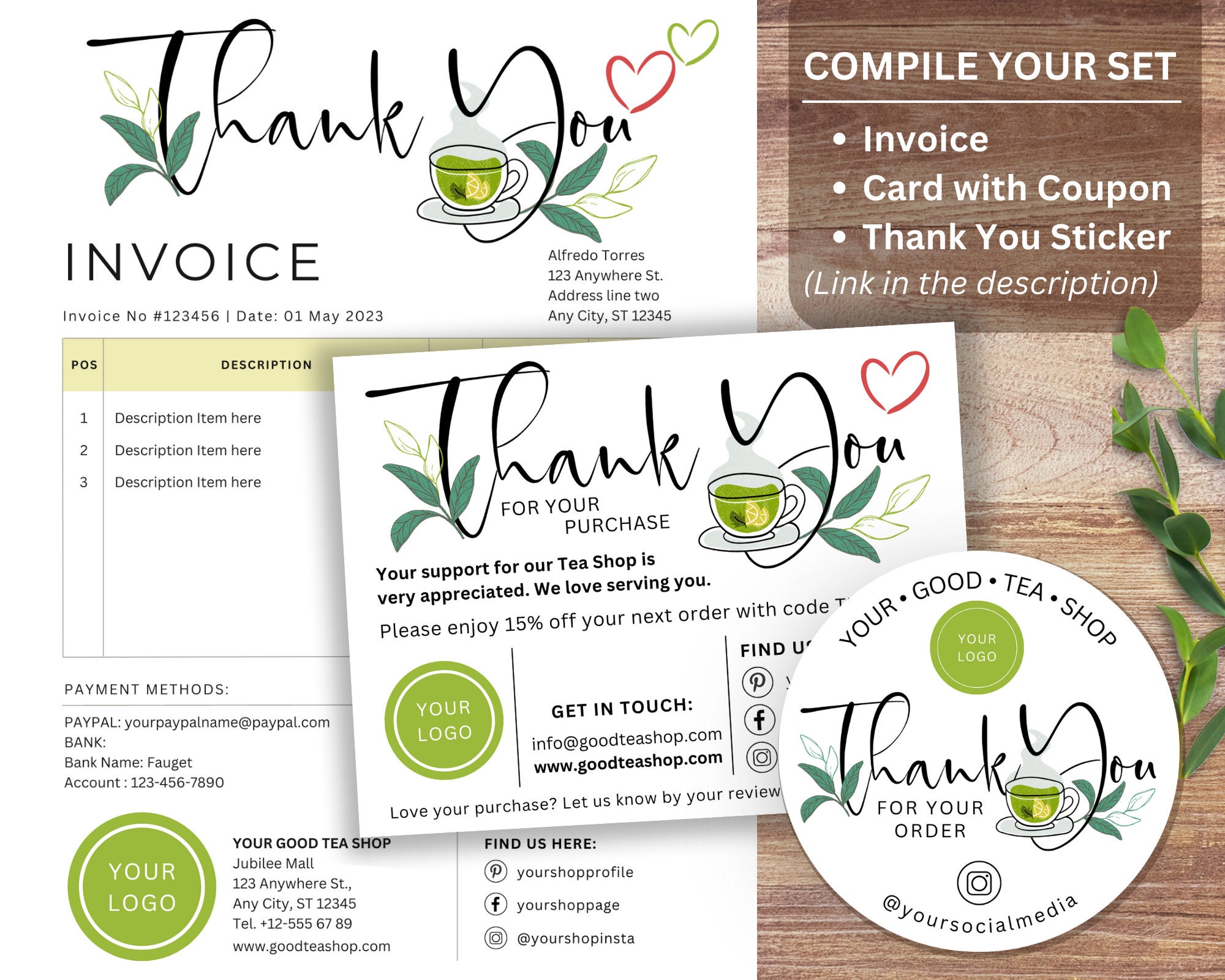 Tea Shop Invoice – Editable Template, Tea Herbs Leaves Shop Invoice ...