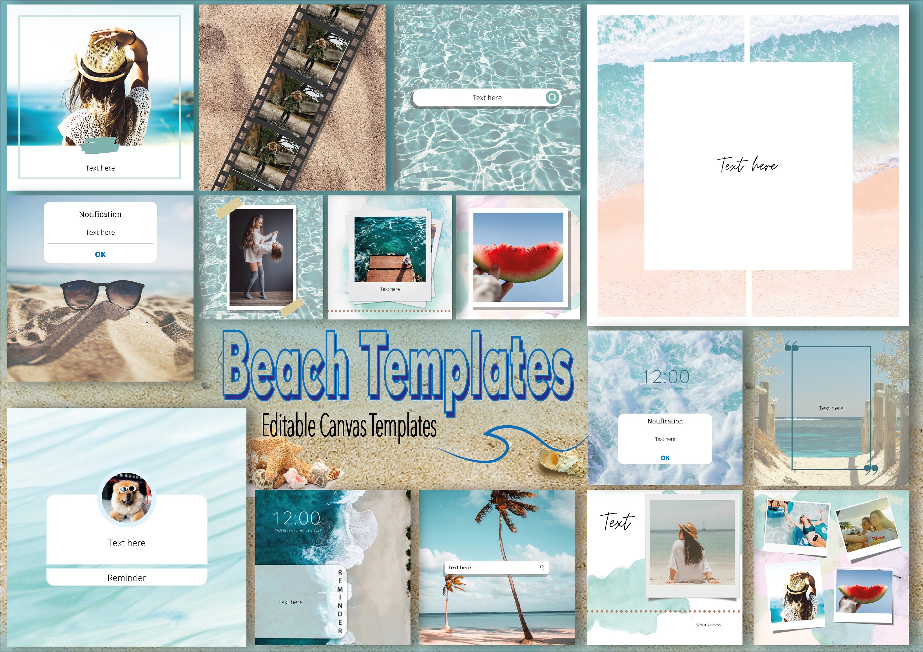 Beach Themed Instagram Canva Templates Social Media Editable Blue Beige ...