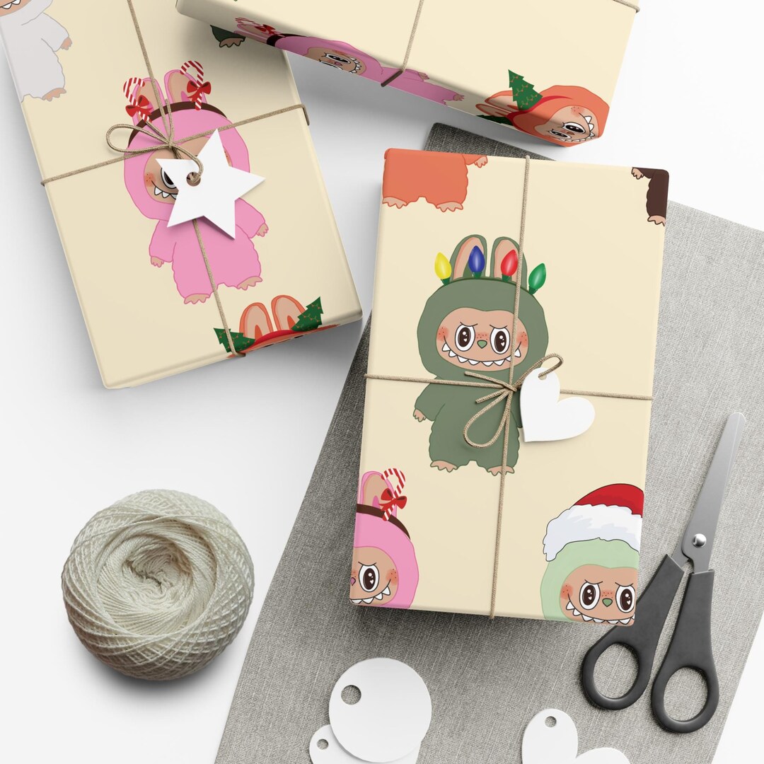 Labubu Christmas Hats Gift Wrap Paper, Cute Monster Christmas Gift Wrap ...