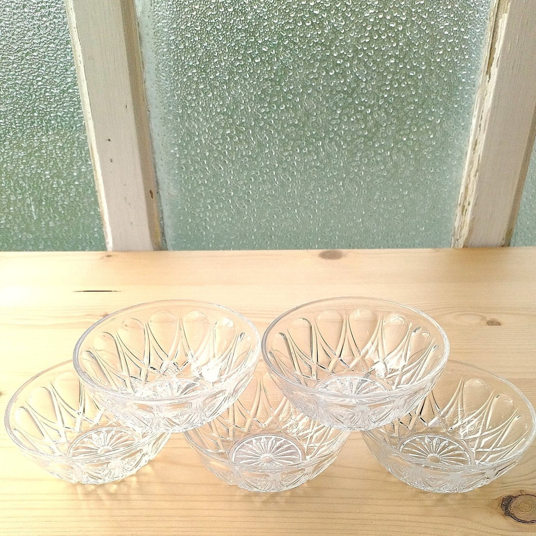 Set of 6 Vintage Transparent Chiseled Glass Bowls, Round Shape, Made in ...