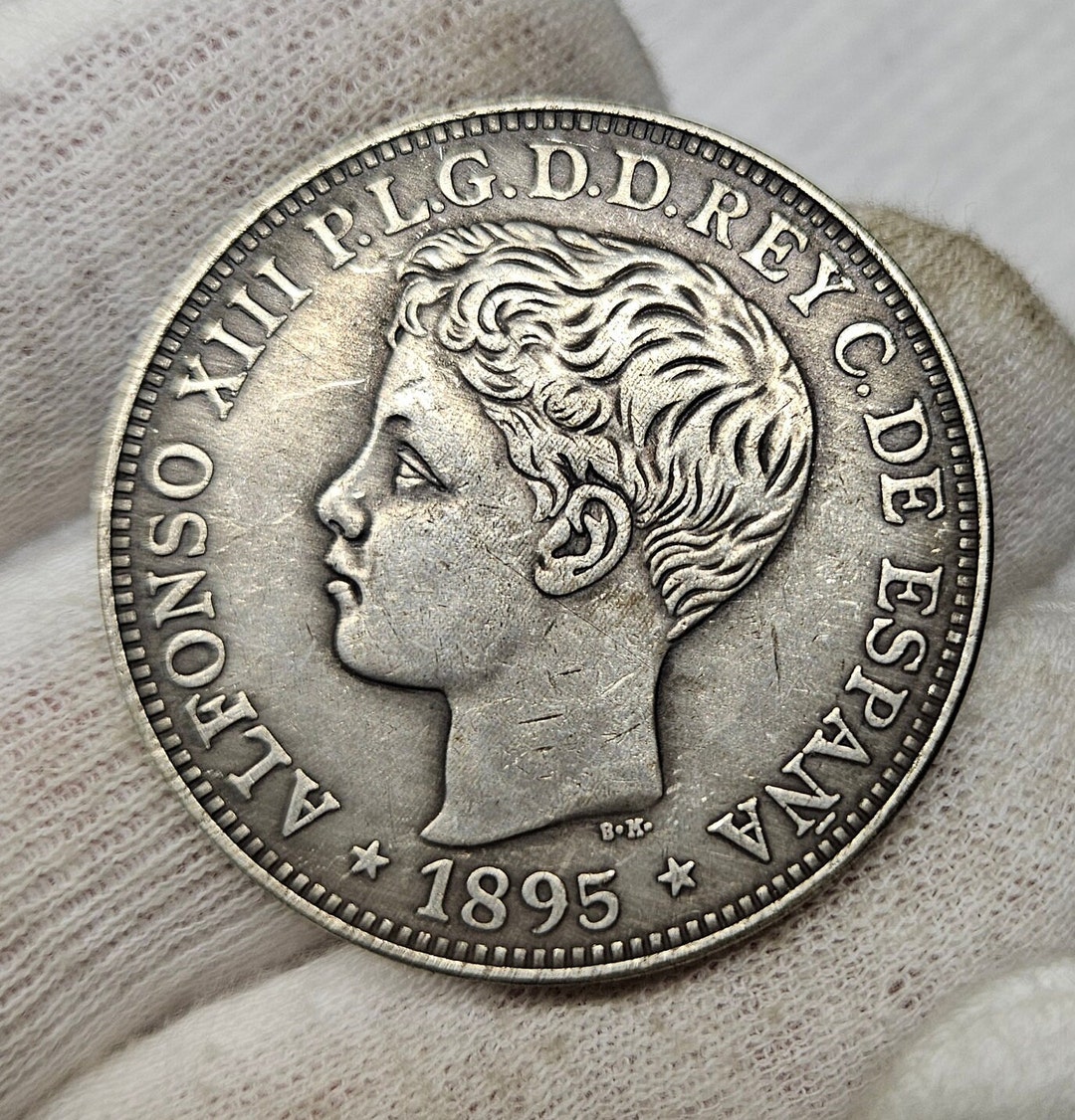 1 Peso - 5 Pesetas Coin Puerto Rico Islands 1895 Alfonso XIII Colonial ...