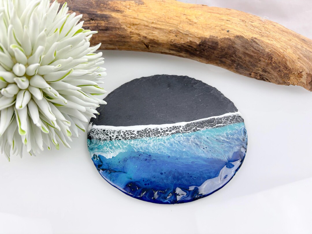 Serving Plate Made of Slate With Resin / Unique / Beach, Sea, Waves ...