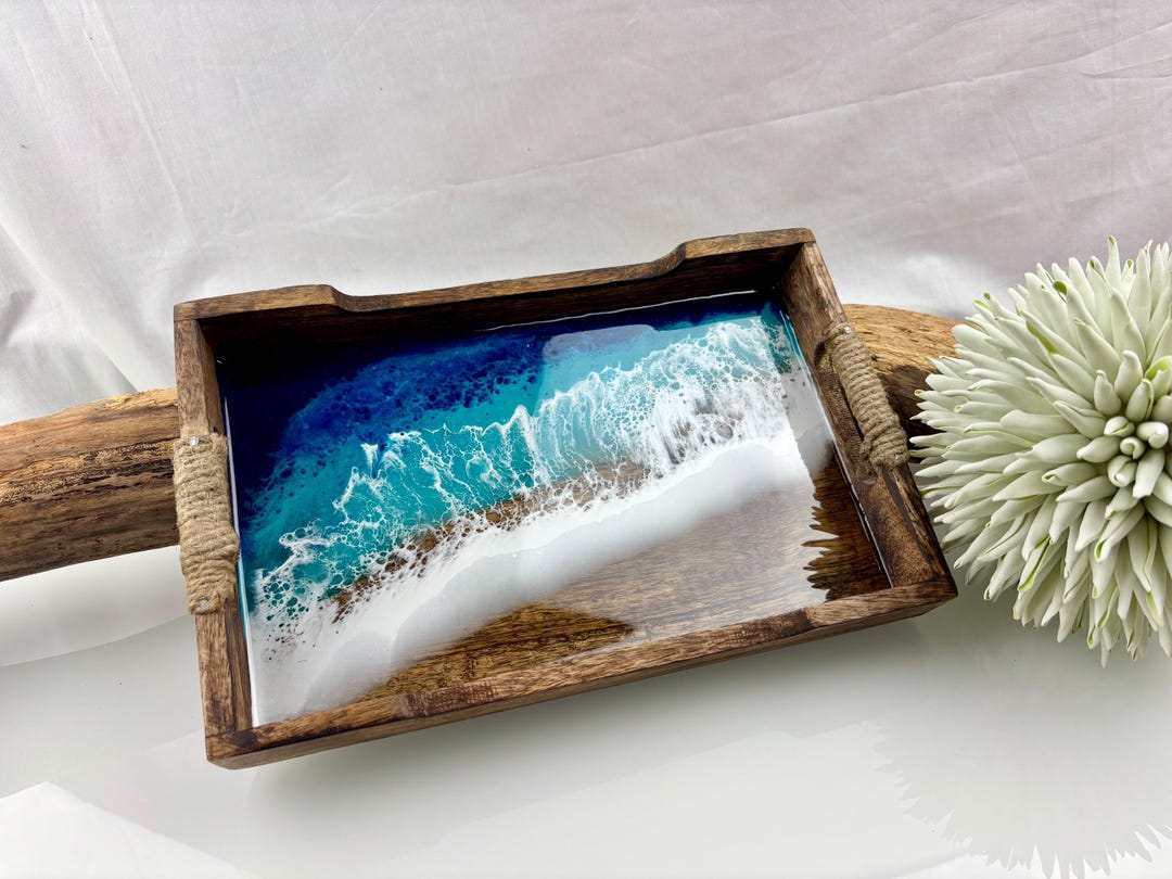 Vintage Resin Tray / Mango Wood / Unique Piece / Laser Cut / Beach, Sea ...