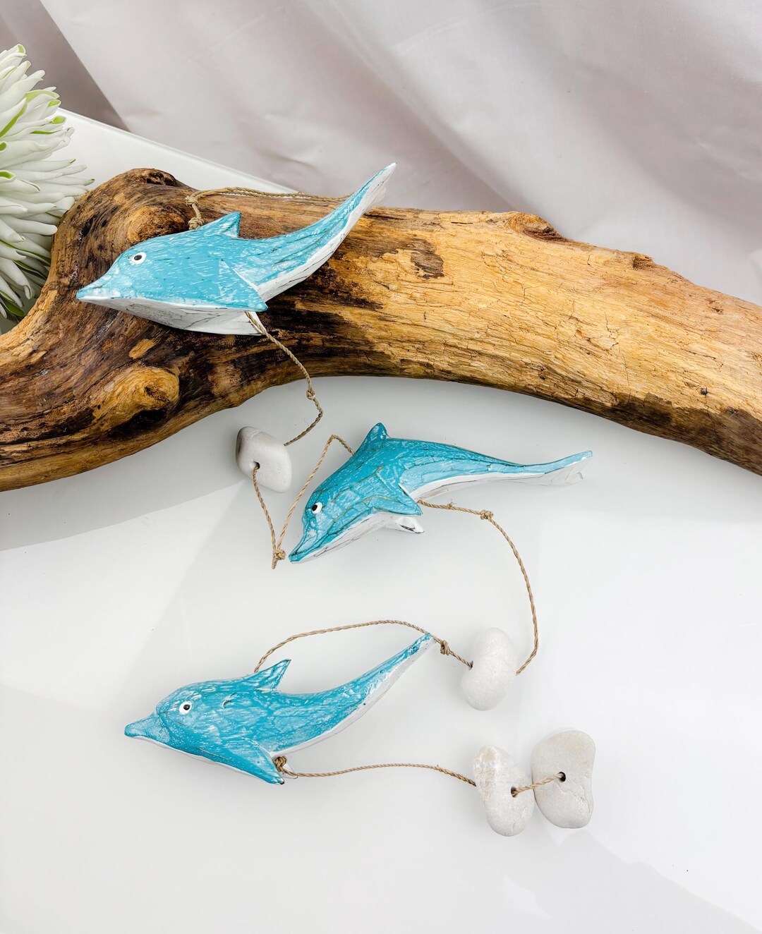 3 Dolphins on a Rope Wind Chime Driftwood, Wooden Beads Pebbles Hanger ...