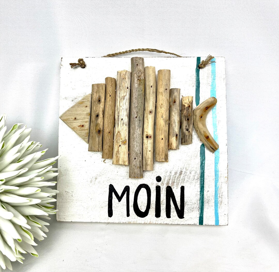 Moin Sign Wood Shabby Look in Blue/white, With a Fish Made of Driftwood ...