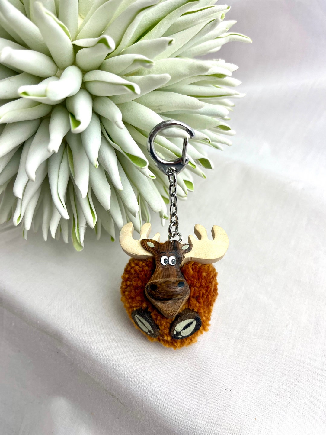 Elk Keychain Wood Wool Plush Ball Handmade Whale Elephant Cow Squirrel ...