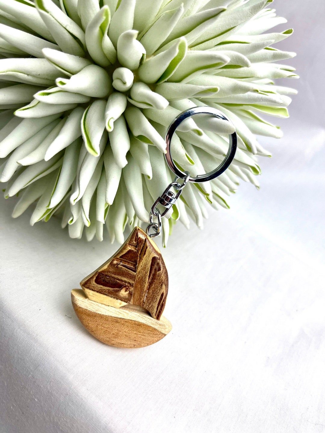 Sailboat Boat Keychain Wooden Handmade Whale Elephant Cow Squirrel Pig ...