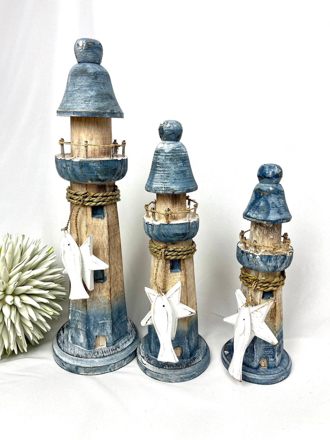 Antique/blue Wooden Lighthouse, in Three Sizes, Fish, Wooden Decoration ...