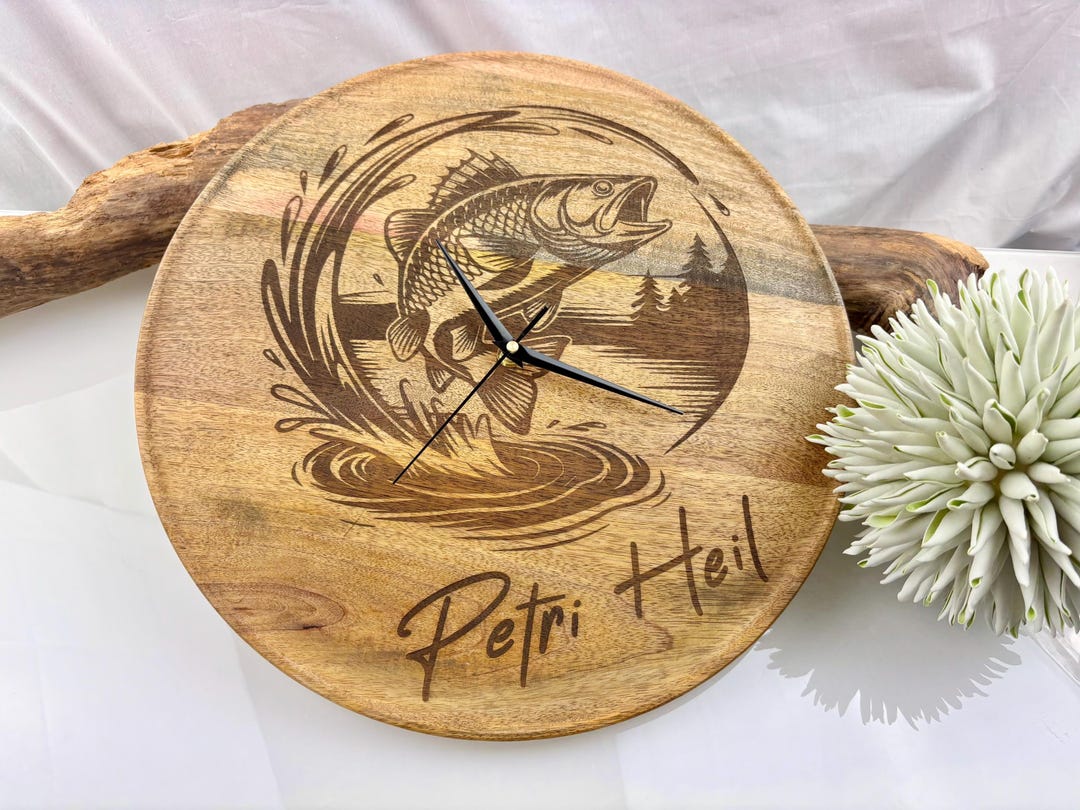 Petri Heil Wall Clock, Mango Wood, Unique Piece, Trout, Fish, Sea ...