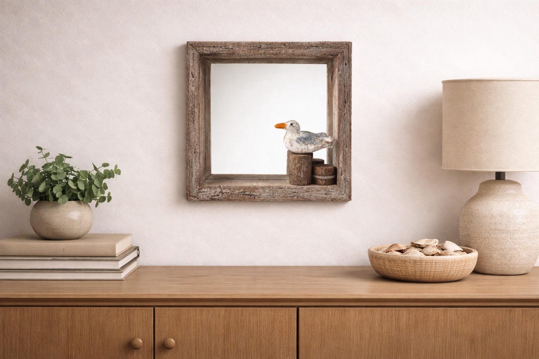 Wall Mirror Made of Driftwood, With a Seagull on a Bollard. Unique ...