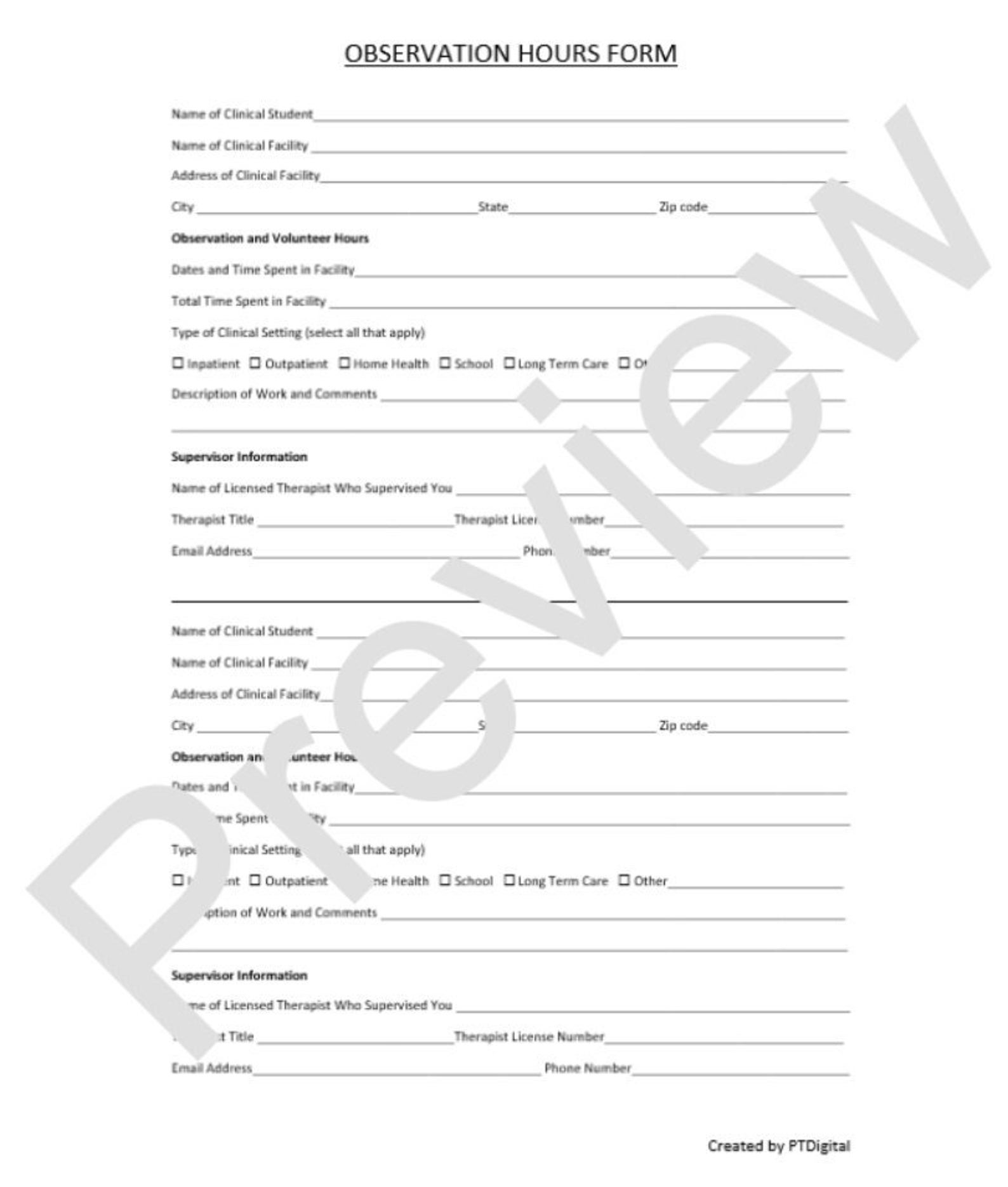 Physical Therapy, Occupational Therapy, Observation Hours Form Template ...