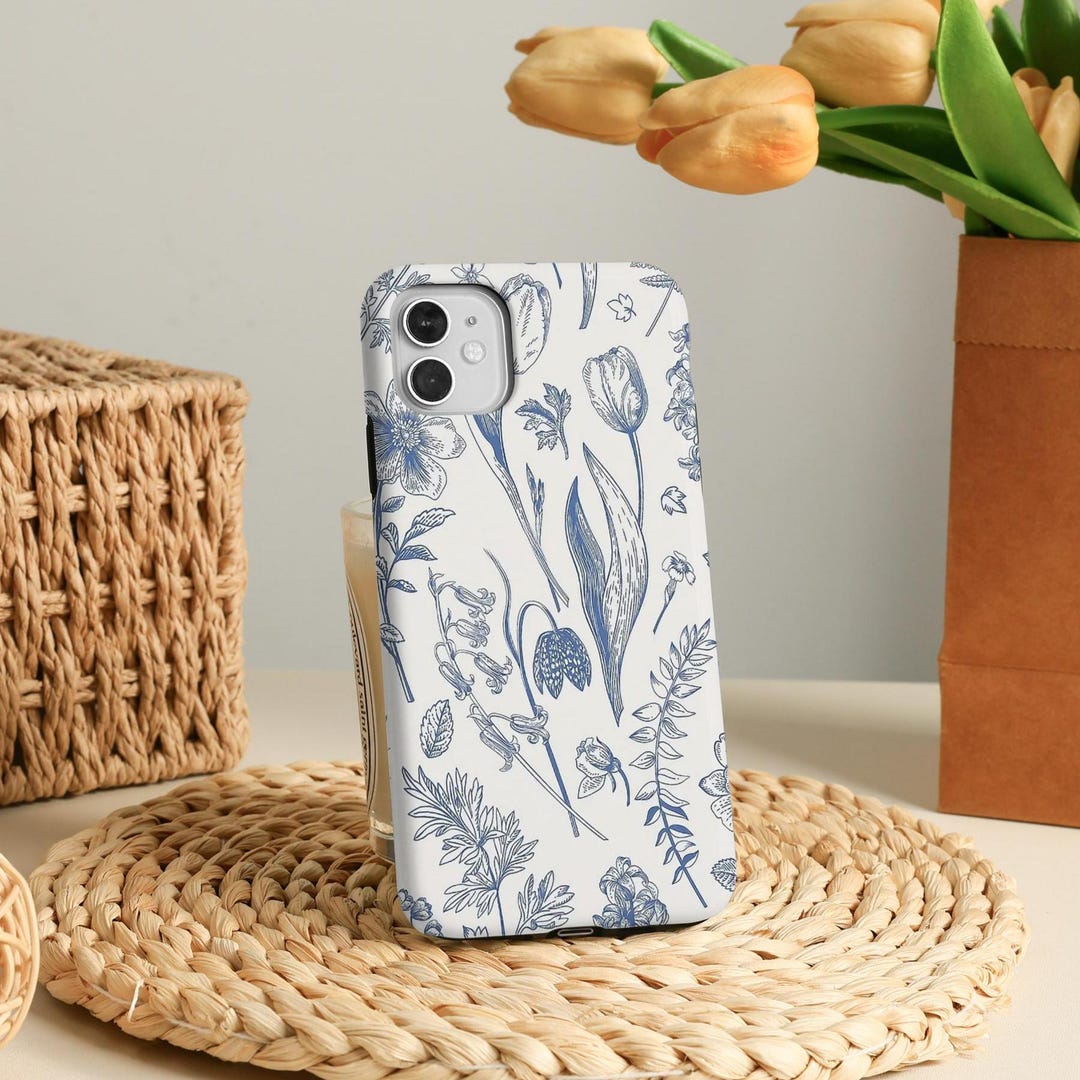 Blue Flower Line Drawing Phone Case Tough Cover for iPhone 17 16 15 14 ...