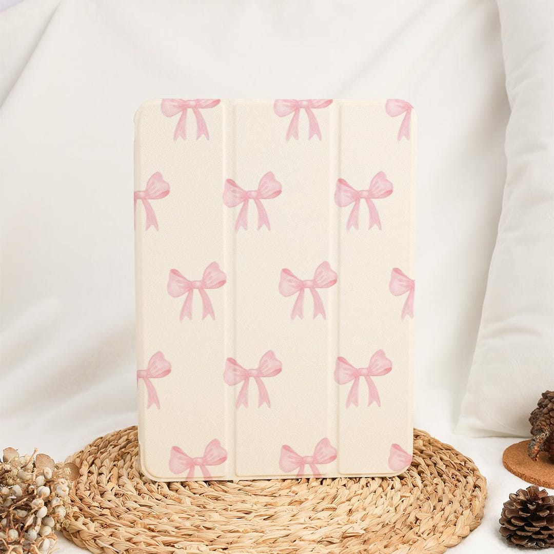 Cute Pink Bows Simple iPad Case With Pencil Holder for 2024 Air 6 Air 4 ...