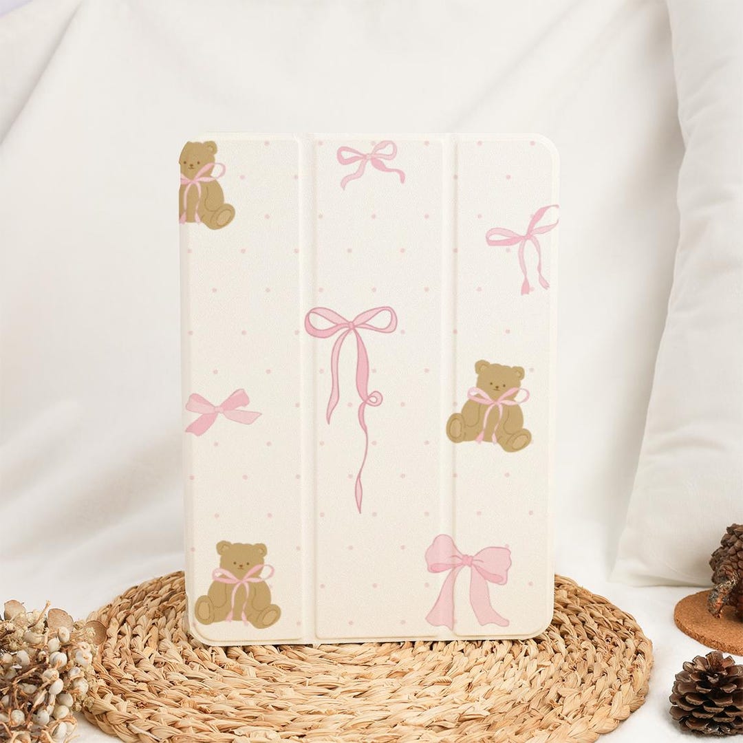 Bows Bear Cute Dot iPad Case With Pencil Holder for 2024 Air 6 Air 4/5 ...