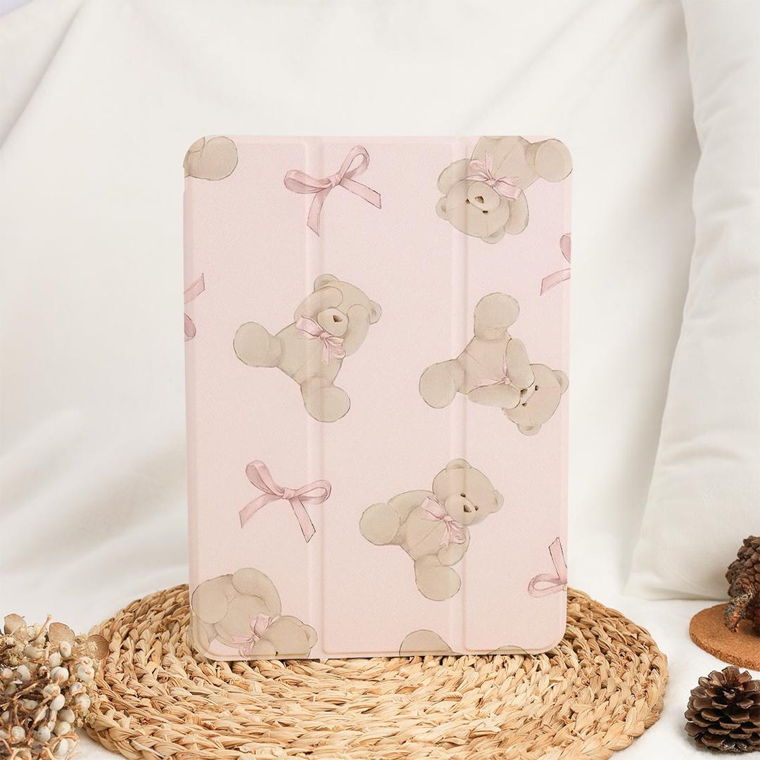 Cute Bows Bear iPad Case With Pencil Holder for 2024 Air 6 Air 4/5 10.9 ...