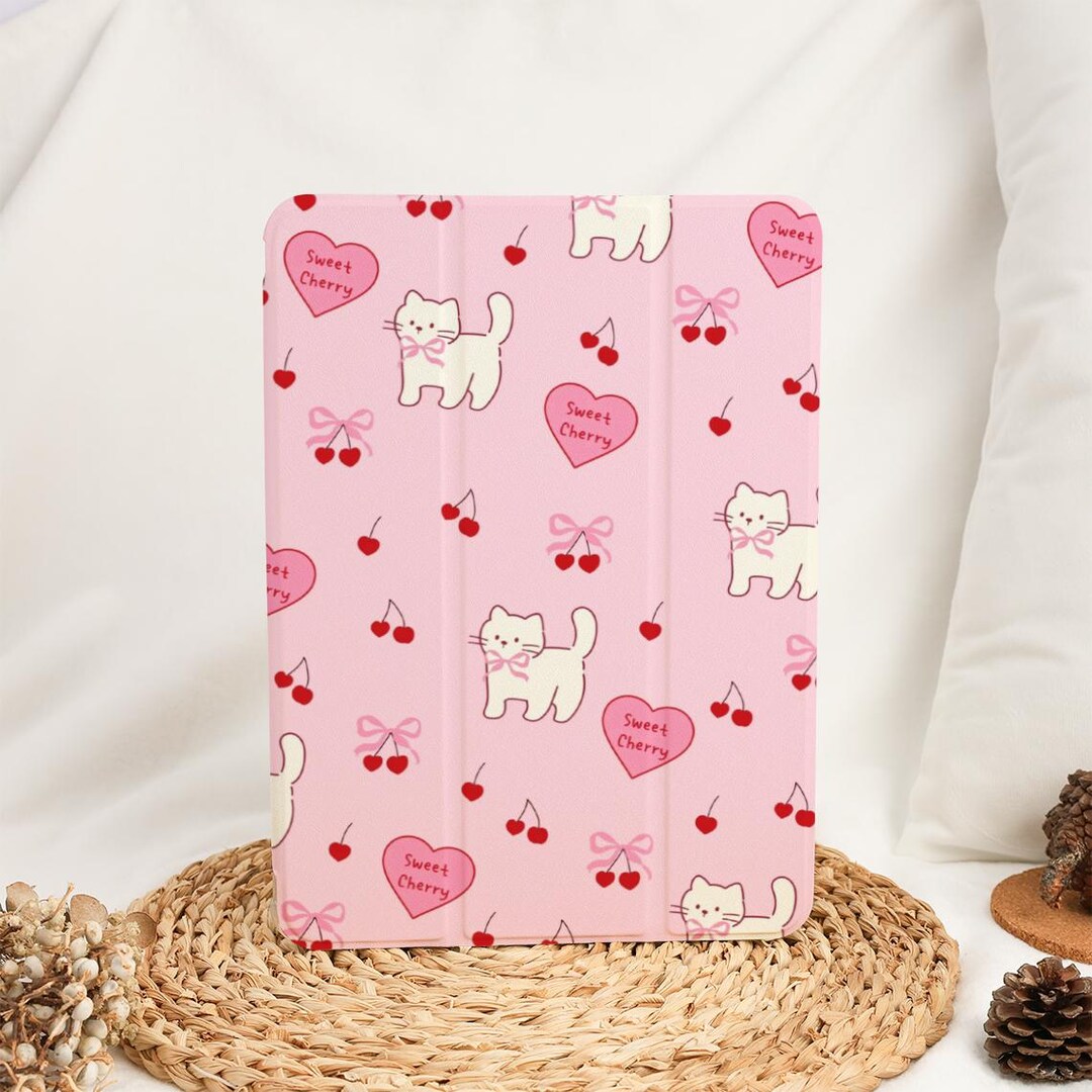 Cute Cat With Bows Girly iPad Case With Pencil Holder for 2024 New Air ...