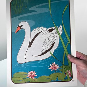 Swan Print, White Swan in a Pond With Water Lilies, 11 X 15 Art Nouveau ...