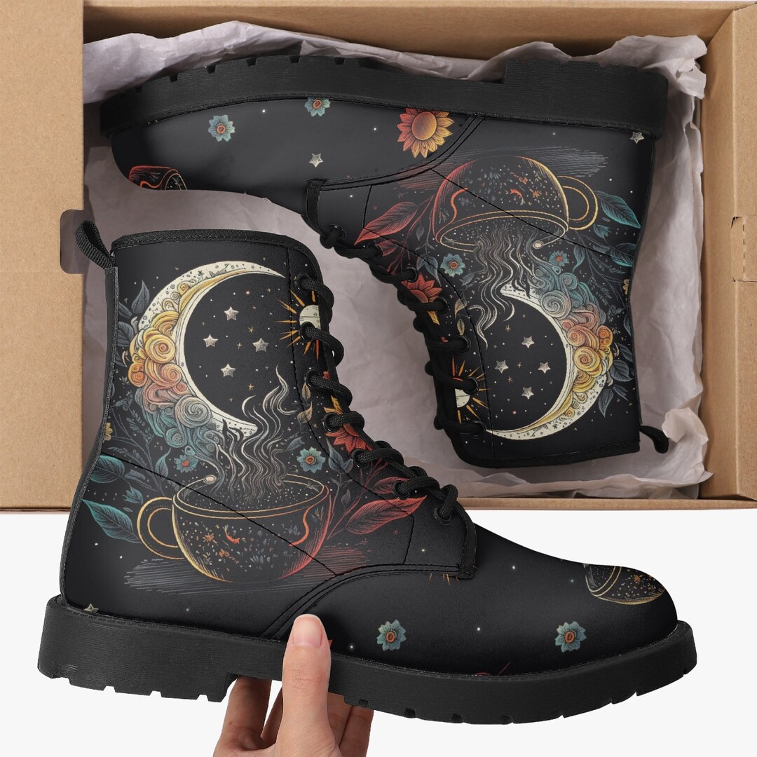 Celestial Moon Mug Leather Boots, Tea and Coffee Shoes, Witch Aesthetic ...