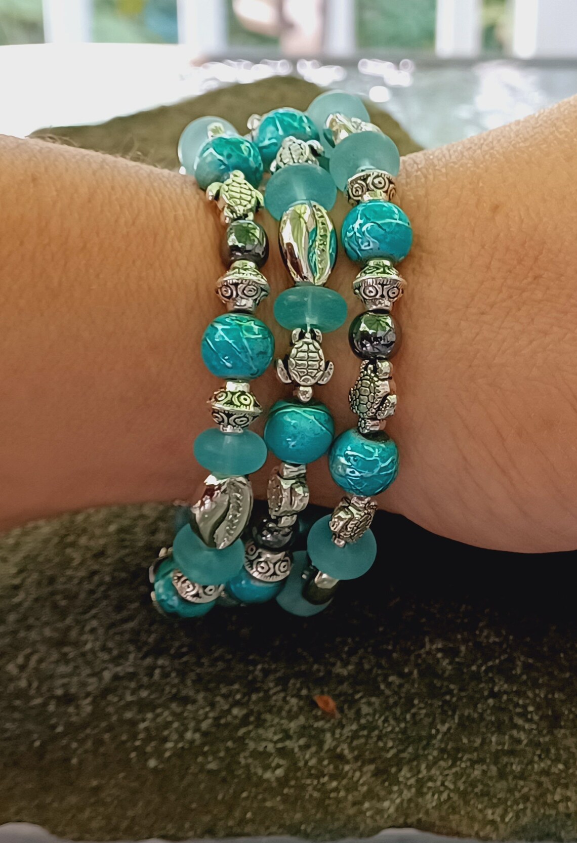 Beach Inspired Memory Wire Wrap Bracelet With Silver Turtle and ...