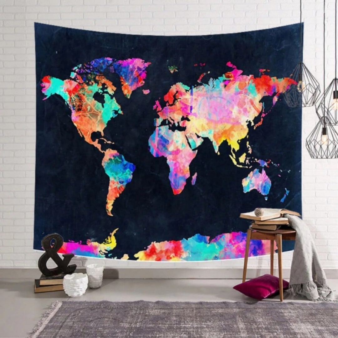 World Map Tapestry, Black Map Tapestry Wall Hanging, Modern Large Wall ...