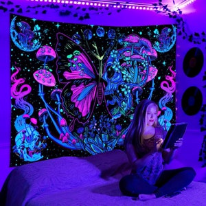 Blacklight Tapestry, UV Reactive Trippy Mushroom Moth Butterfly ...
