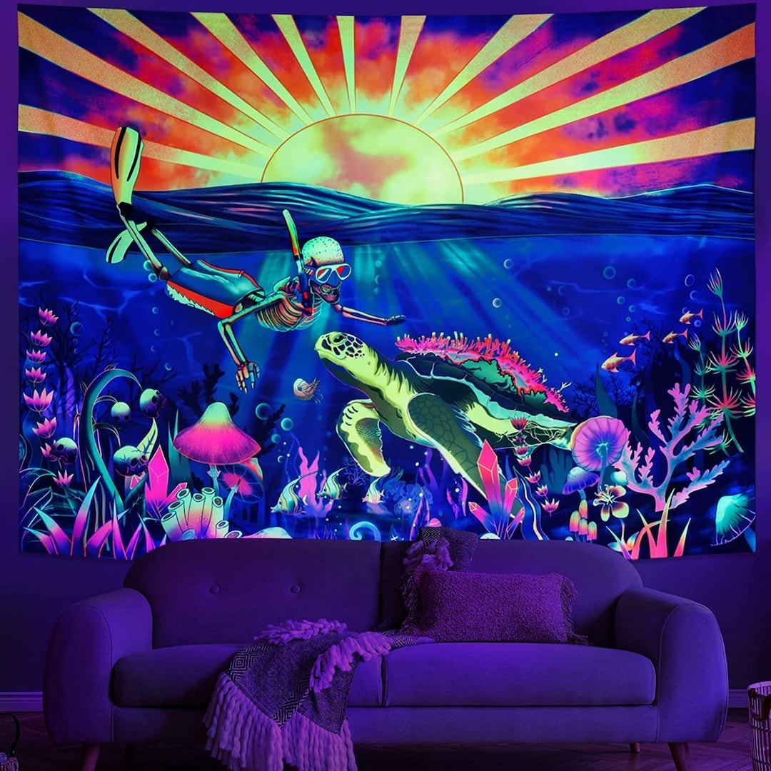 Black Light Tapestry Diver Wall Art, Trippy Sun Wall Hanging, UV ...
