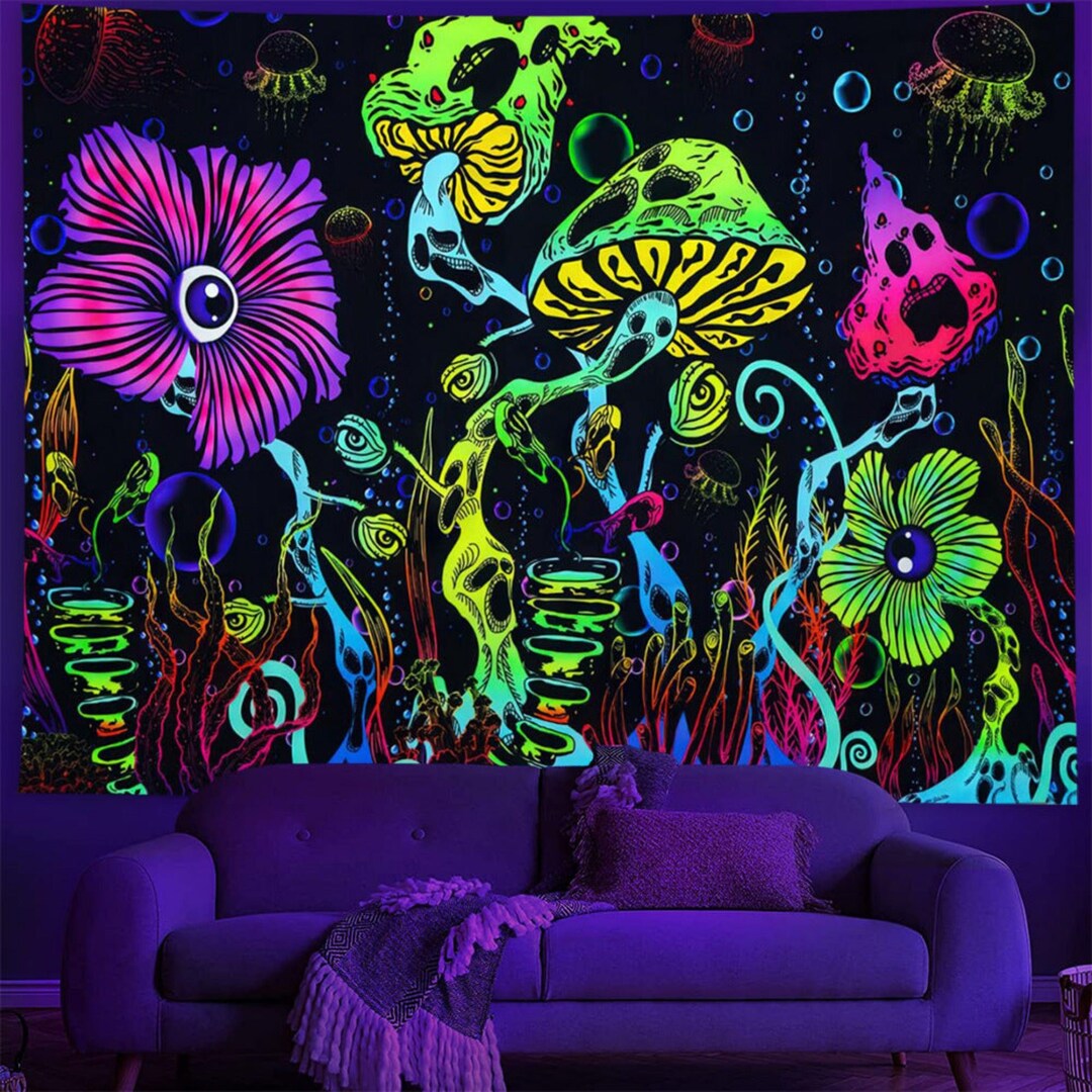 UV Reactive Black Light Mushroom Tapestry Glow in the Dark Sea ...