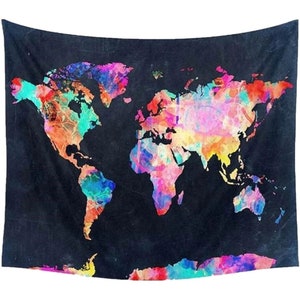World Map Tapestry, Black Map Tapestry Wall Hanging, Modern Large Wall ...