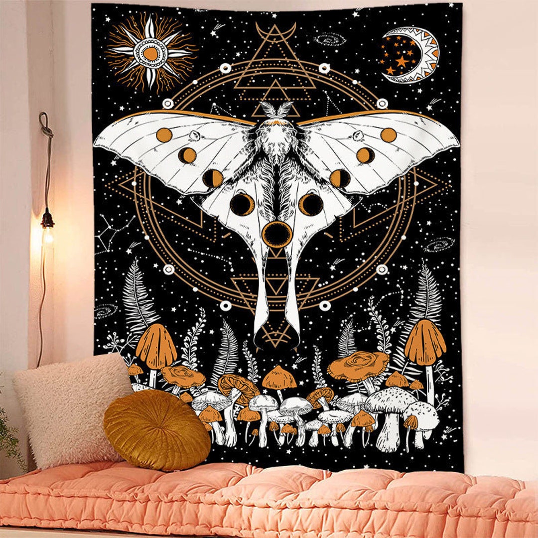 Moth Tapestry, Trippy Wall Hanging, Mushroom Tapestries ,moon Phase ...