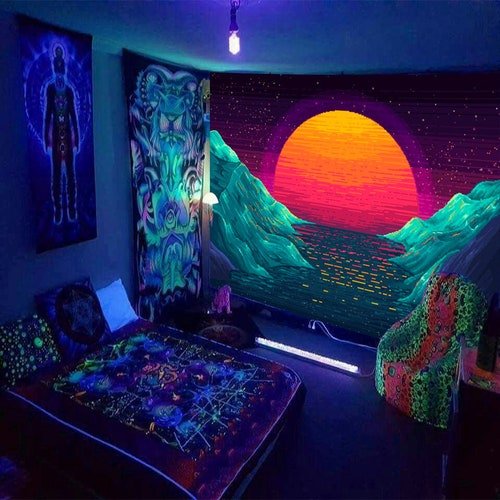 UV Reactive Blacklight Tapestry Sun Mountain Landscape Wall - Etsy