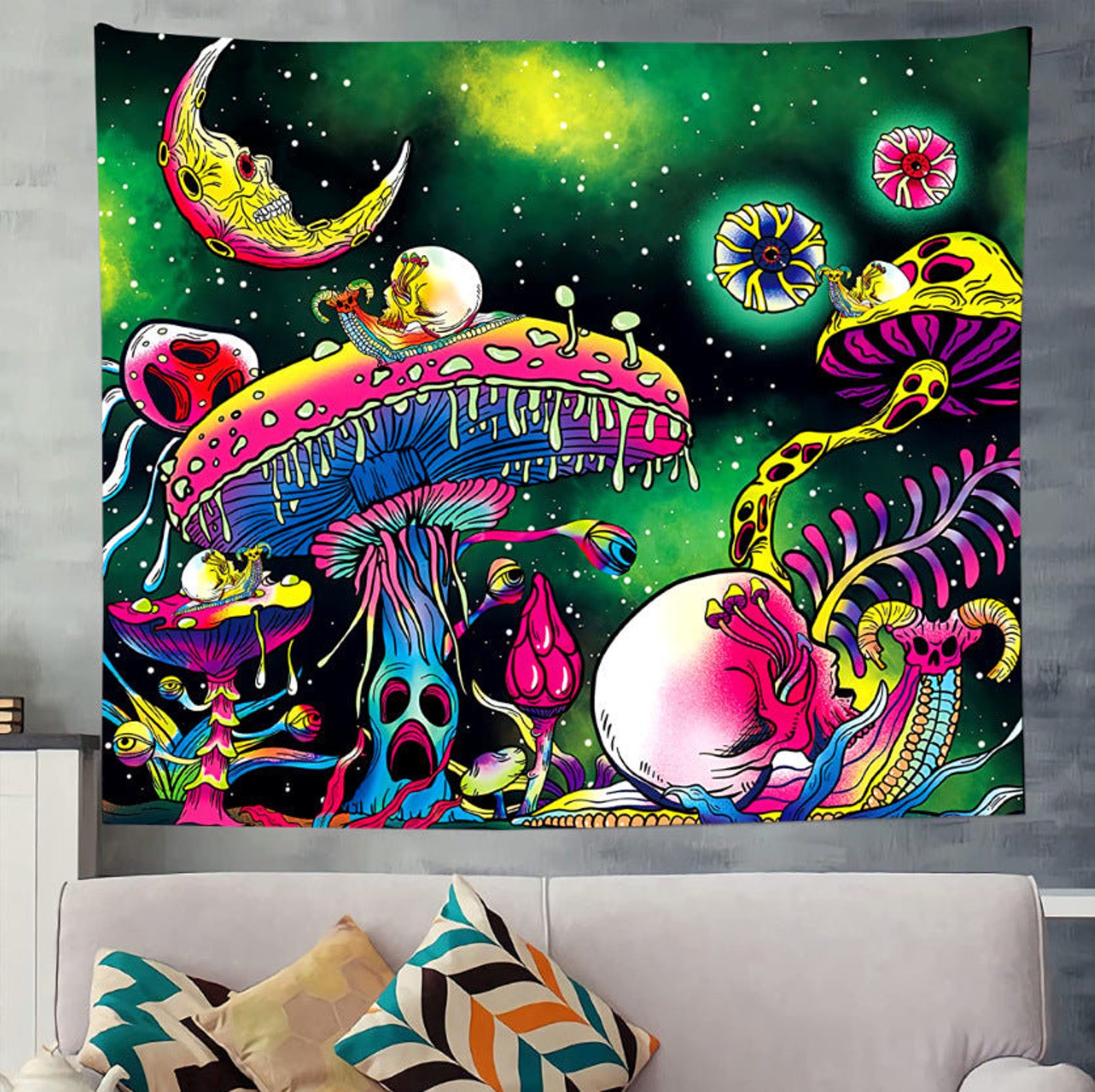 Trippy Mushroom Tapestry Hippie Skull Tapestry Skeleton Wall - Etsy