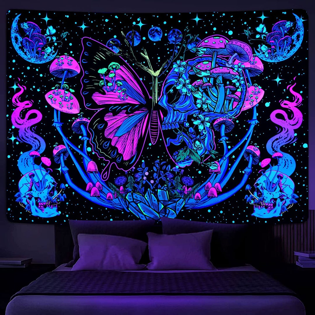 Blacklight Tapestry, UV Reactive Trippy Mushroom Butterfly Tapestries ...