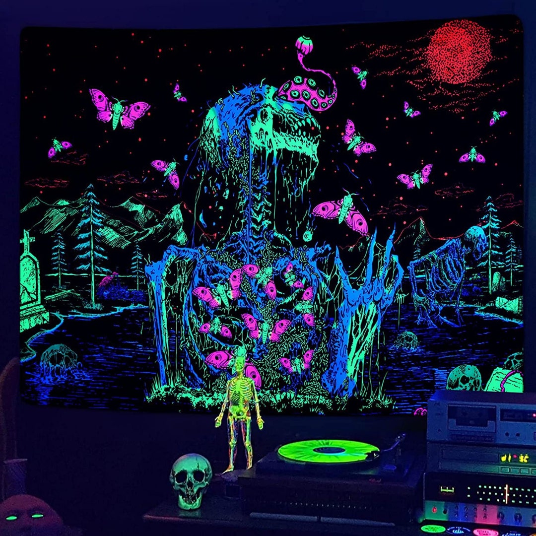 Blacklight Goth Skeleton Tapestry , UV Reactive Psychedelic Trippy Neon ...