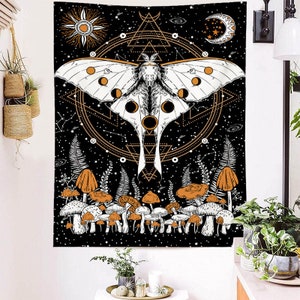 Moth Tapestry, Trippy Wall Hanging, Mushroom Tapestries ,moon Phase ...