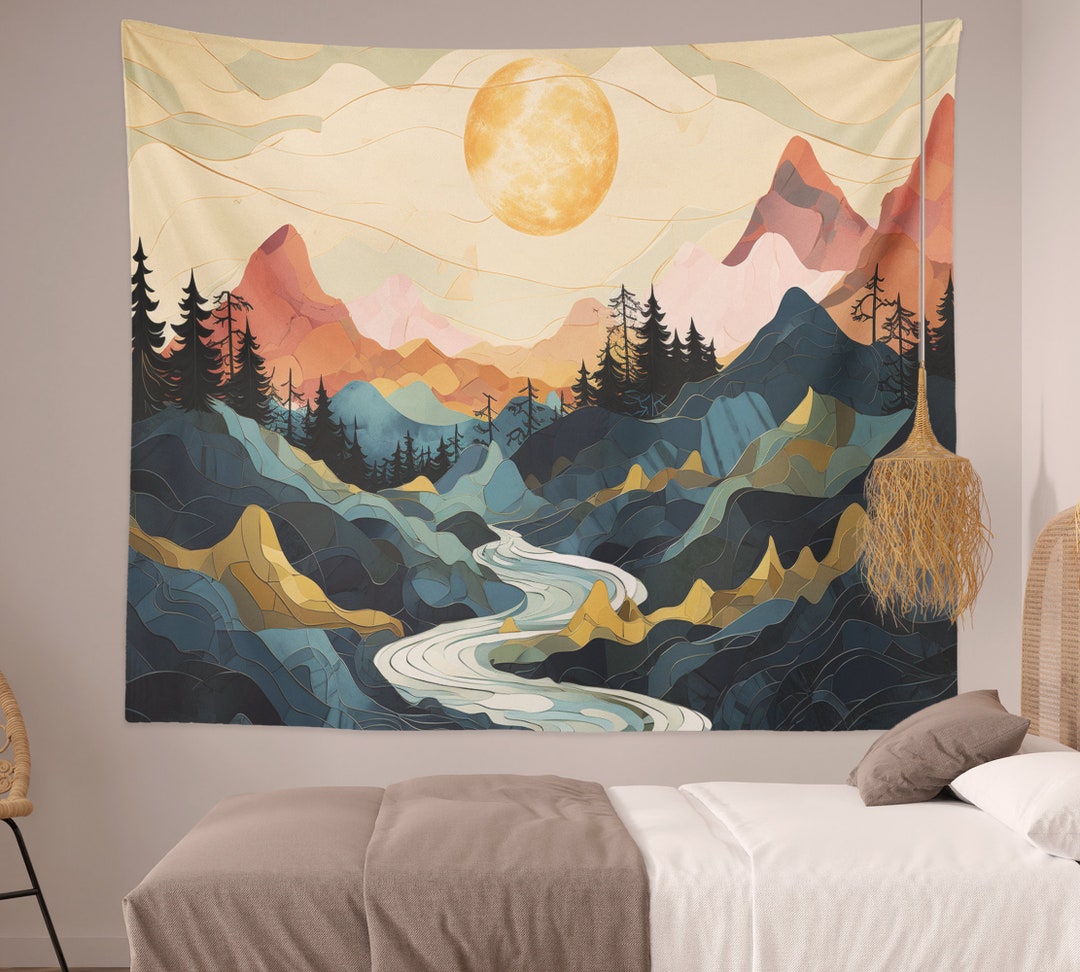 Boho Mountain Landscape Tapestry, Abstract Tapestry, Aesthetics Wall ...
