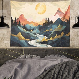 Boho Mountain Landscape Tapestry, Abstract Tapestry, Aesthetics Wall ...