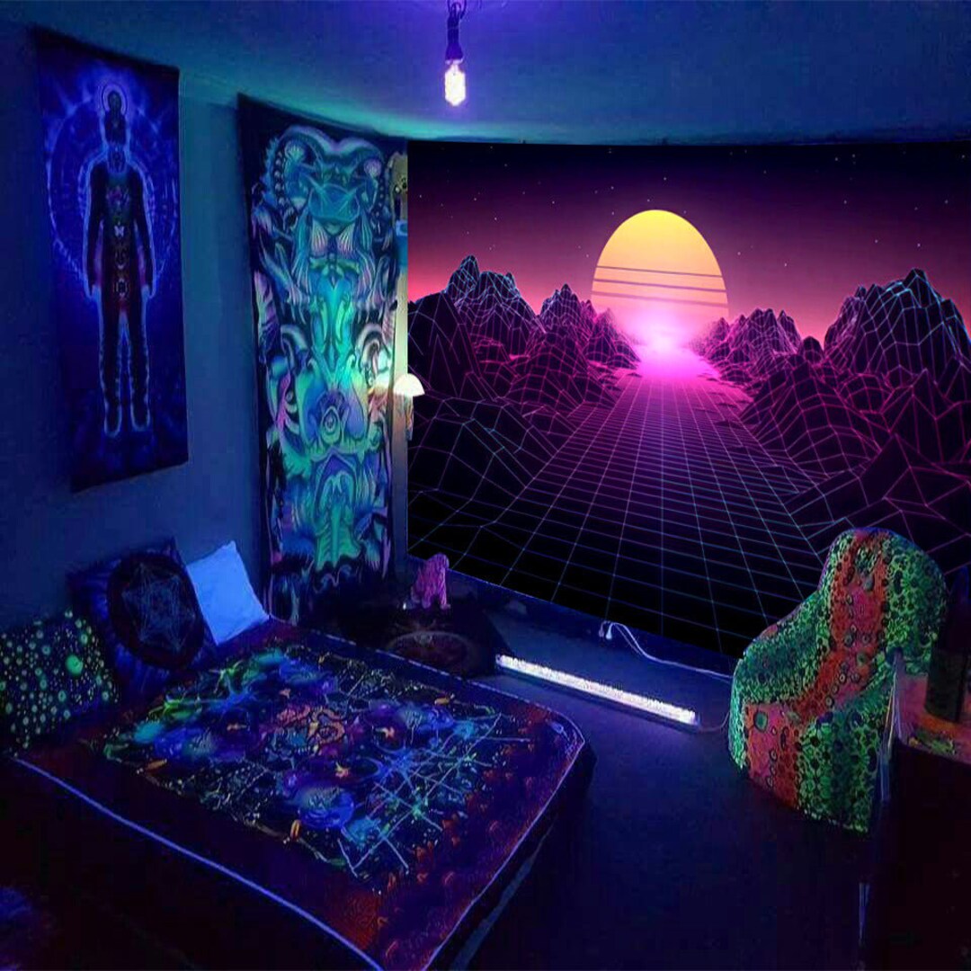 Black Light Tapestry, Colorful Mountains Trippy Wall Hanging, Sunset ...