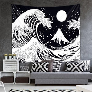Black and White Tapestry the Great Wave off Kanagawa Wall - Etsy