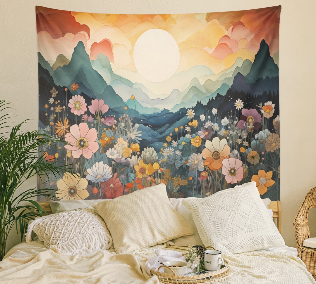 Wild Flower Tapestry, Mountain Tapestries, Nature Tapestry, Boho Sun ...