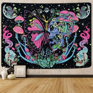 Blacklight Tapestry, UV Reactive Trippy Mushroom Moth Butterfly ...