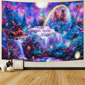 Blacklight Tapestry, Forest Tapestry, UV Reactive Fantasy Waterfall ...